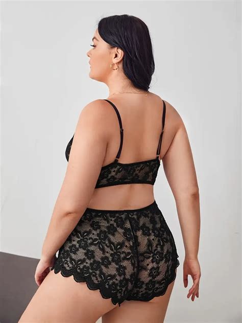 Plus Size Contrast Lace Semi Sheer Solid Sexy Dessous Set Temu Germany