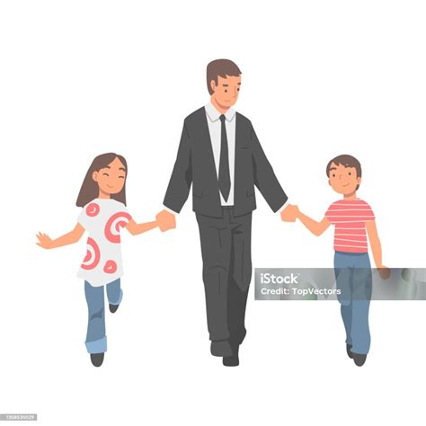 아빠 사업가 입고 정장과 넥타이 잡고 손을 잡고 그의 아들과 딸 벡터 일러스트 아버지에 대한 스톡 벡터 아트 및 기타 이미지