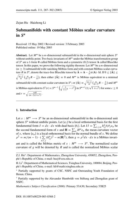 Pdf Submanifolds With Constant Möbius Scalar Curvature In Sn