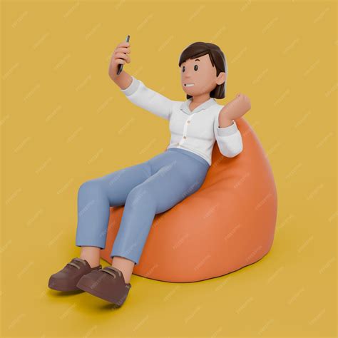 Premium Photo 3d Woman Sitting On Bean Bag Holding Phone While Greet