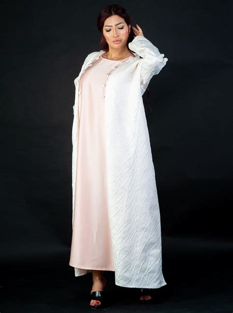 Button Abaya White Nude Pink Couture Abaya Made Of Brocade Fabric With Inner Dress And Sheila