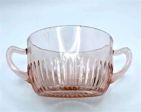 Vintage Pink Depression Glass Sugar Pot Double Handle Bowl Stripe