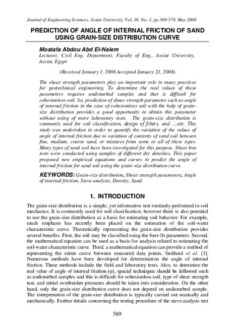 Pdf Prediction Of Angle Of Internal Friction Of Sand Using Grain Size