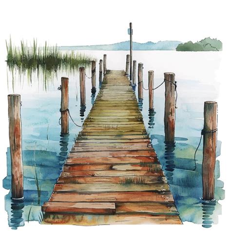 Lake Dock Lanscape Vector Illustration In Watercolor Style Premium Ai