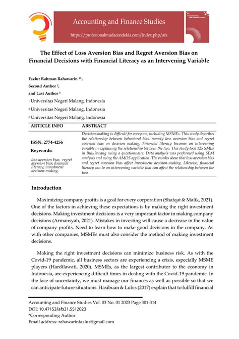 Pdf The Effect Of Loss Aversion Bias And Regret Aversion Bias On