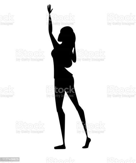 검은 실루엣 젊은 행복한 여자와 올라 올린 손 만화 캐릭터 디자인 플랫 벡터 일러스트 레이션 흰색 배경에 고립 가득 찬에 대한