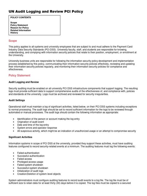Un Audit Logging And Review Pci Policy 0 Pdf