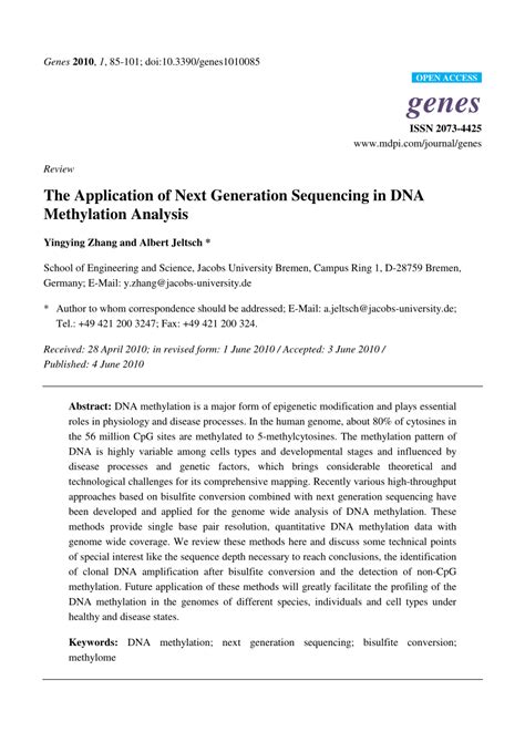 Pdf The Application Of Next Generation Sequencing In Dna Methylation Analysis