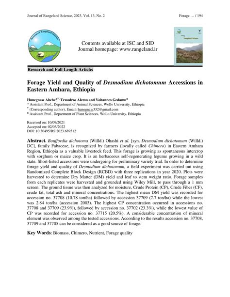 Pdf Forage Yield And Quality Of Desmodium Dichotomum Accessions In