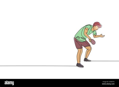 One Single Line Drawing Of Young Energetic Man Table Tennis Player