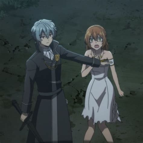 Two Anime Characters Standing Next To Each Other In Front Of Some Dirt And Grass With Their Arms