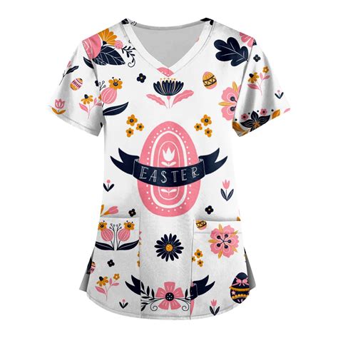 Knosfe Easter Scrubs Plus Size V Neck Egg Workwear Short Sleeve Scrubs