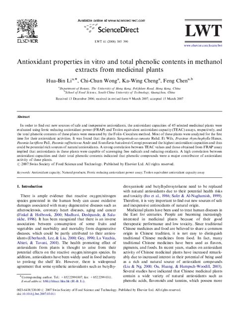 Pdf Antioxidant Properties In Vitro And Total Phenolic Contents In