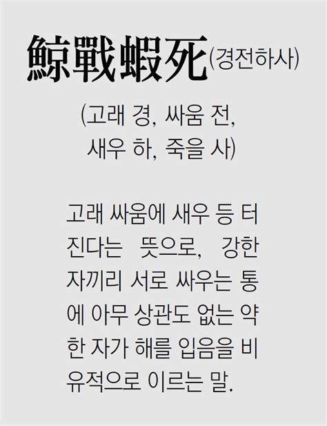 신문과 놀자풀어쓰는 한자성어 鯨戰蝦死경전하사고래 경 싸움 전 새우 하 죽을 사