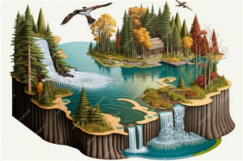Картина озера с водопадом и домиком на заднем плане Премиум Фото