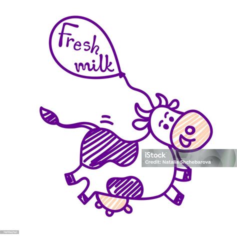 벡터 일러스트 라인 스케치 낙서 실행 또는 공기 풍선으로 점박이 소를 비행 손으로 그린 고립 신선한 우유문자와 함께 패키지 포스터 라벨 디자인 전단지 배너 등 귀여운에 대한