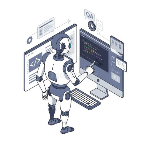 Robot Coding On Computer Screen Isometric Illustration Stock