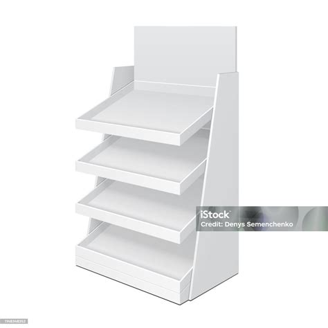 골 판지 사다리 바닥 디스플레이 랙 슈퍼마켓 빈 빈 선반을 모의 흰색 배경에 고립 된 그림 디자인을 위한 준비 제품 광고 벡터