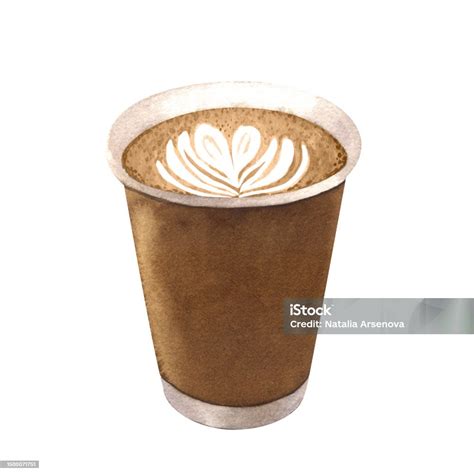 수채화 일회용 종이 커피 라떼 컵 손으로 그린 그림은 흰색 배경에 분리되어 있습니다 카페 레스토랑 메뉴 카드를위한 완벽한 개념 갈색에 대한 스톡 벡터 아트 및 기타 이미지