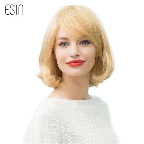 Esin 12 Inch Blonde Short Wig 70 Natural Hair Inclined Bangs Wavy Bob