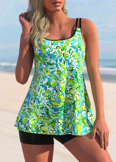 Light Green Floral Print Double Straps Tankini Top Usd 2498 In 2022 Green