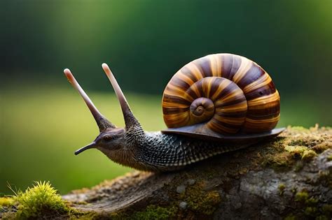 Premium Photo A Snail On A Log With A Green Background