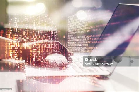 Creative Code Skull Hologram And Hands Typing On Computer Keyboard On Background Cybercrime And