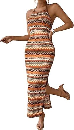 Amazon SOLY HUX Women S Boho Halter Split Hem Bodycon Cami Dress Tie Backless Summer Midi