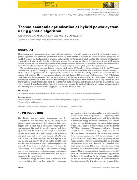 Pdf Techno Economic Optimization Of Hybrid Power System Using Genetic