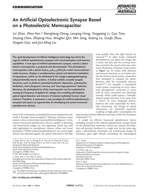 An Artificial Optoelectronic Synapse Based On A Photoelectric Memcapacitor Request Pdf