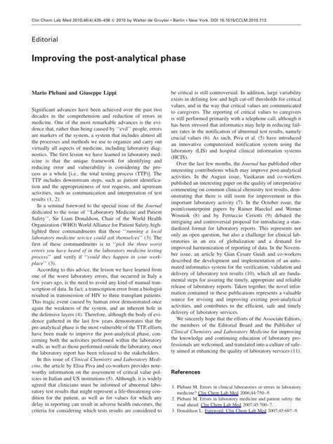 Pdf Editorial Improving The Post Analytical Phase