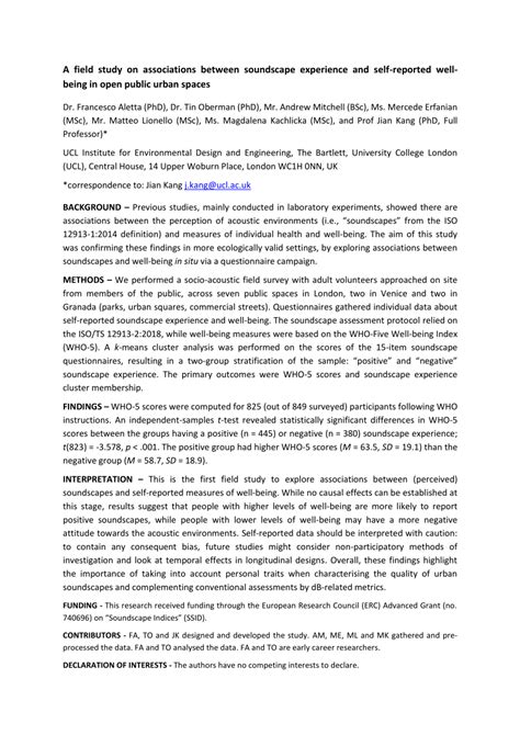 Pdf Associations Between Soundscape Experience And Self Reported