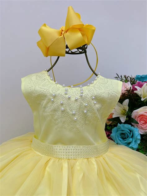 Vestido Infantil Longo Damas de Honra Amarelo Strass Pérolas