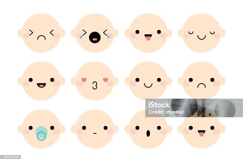 다른 분위기를 가진 아기 얼굴 이모티콘 세트 아이 이모티콘 얼굴 표현의 벡터 평면 세트입니다 아기에 대한 스톡 벡터 아트 및