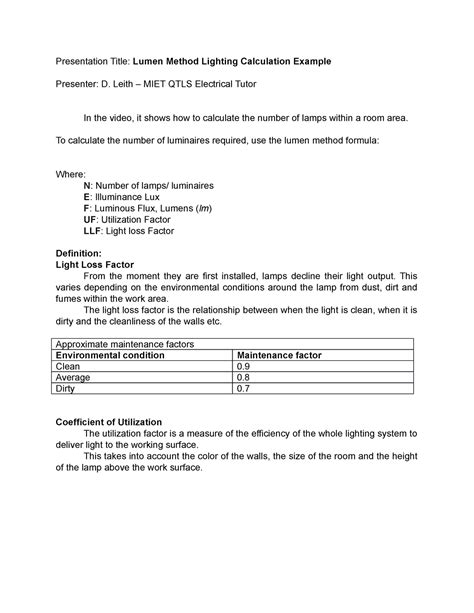 Lumen Method Calculations Presentation Title Lumen Method Lighting