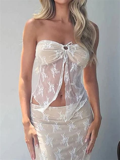 Emmiol Free Shipping 2023 Patchwork Slit Sheer Mesh Bandeau Top White S