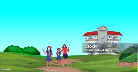 전염병 후 학교에서 사회적 불변 전염병 후 학교 개념으로 돌아갑니다 얼굴 마스크를 착용하고 안전한 거리를 유지하는 아이들 어린이를위한 새로운 정상 장면 가족에 대한 스톡