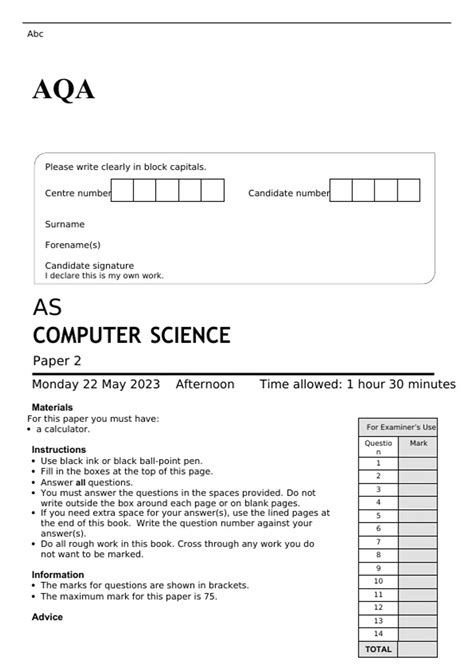 Aqa As Computer Science Paper 1 And 2 May 2023 Question Papers And Mark Schemes Stuvia Us
