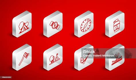 세트 라인 래프팅 보트 나침반 식당 물병 불타는 일치 화재 관광 텐트 플래그 나무 도끼 아이콘 벡터 3차원 형태에 대한 스톡 벡터 아트 및 기타 이미지 Istock