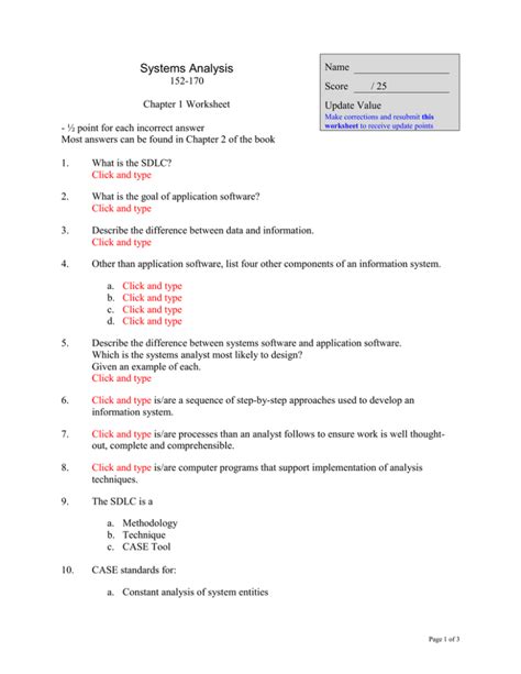 Systems Analysis Worksheet Sdlc And Information Systems