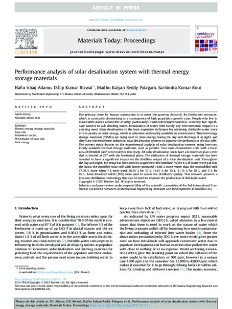 Pdf Performance Analysis Of Solar Desalination System With Thermal