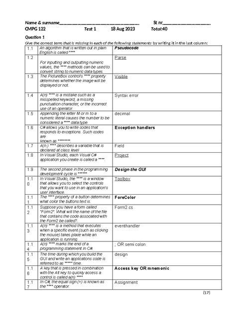 Cmpg122 Toets 1 White Yellow B Memo Name And Surname St Nr Cmpg 122 Test 1 18 Aug 2023 Total