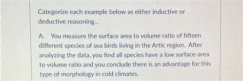 solved categorize each example below as either inductive or
