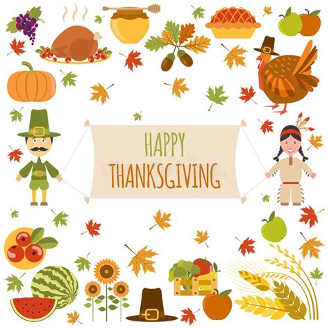 Thanksgiving Day Icon Set Flat Style Stock Vector Illustration Of
