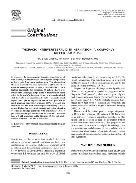 Pdf Thoracic Intervertebral Disk Herniation A Commonly Missed