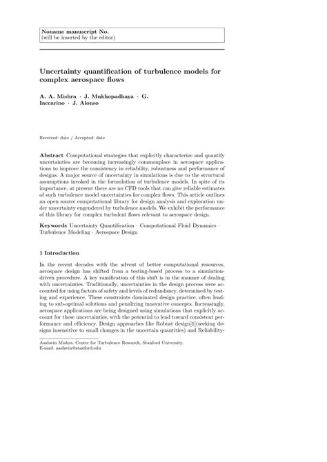 Pdf Uncertainty Quantification Of Turbulence Models For Complex Aerospace Flows