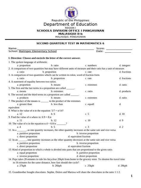 2nd Pt In Mathematics 6 Pdf Ratio Arithmetic