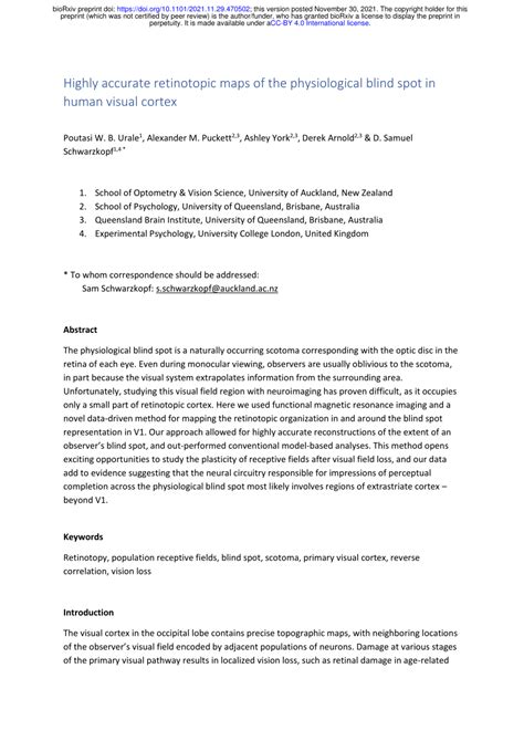PDF Highly Accurate Retinotopic Maps Of The Physiological Blind Spot In Human Visual Cortex
