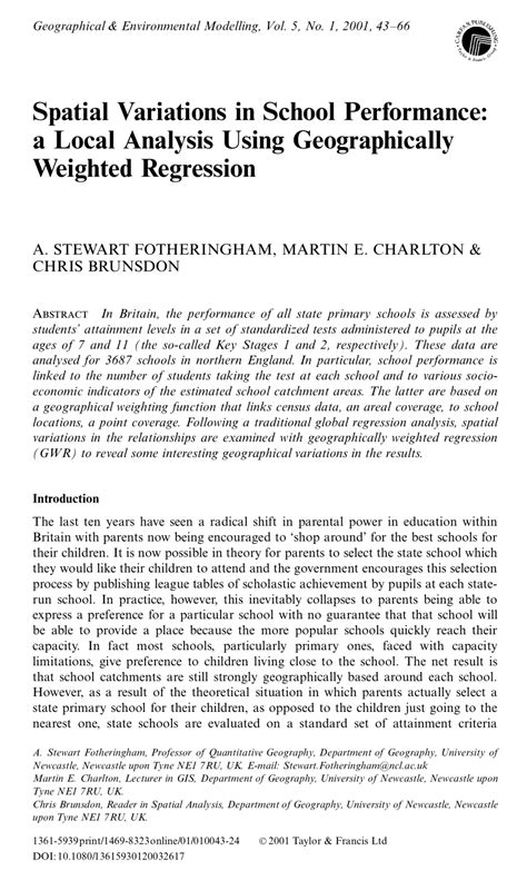 Pdf Spatial Variations In School Performance A Local Analysis Using Geographically Weighted