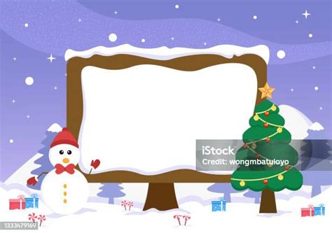 산타 클로스 또는 눈사람 만화 캐릭터와 간판 옆에 몇 가지 선물메리 크리스마스 인사말 배경 벡터 일러스트레이션 12월에 대한 스톡 벡터 아트 및 기타 이미지 Istock